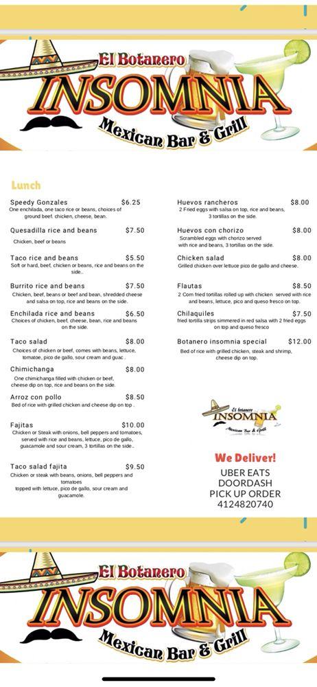 Carta de El Botanero Insomnia Mexican Bar And Grill, Pittsburgh