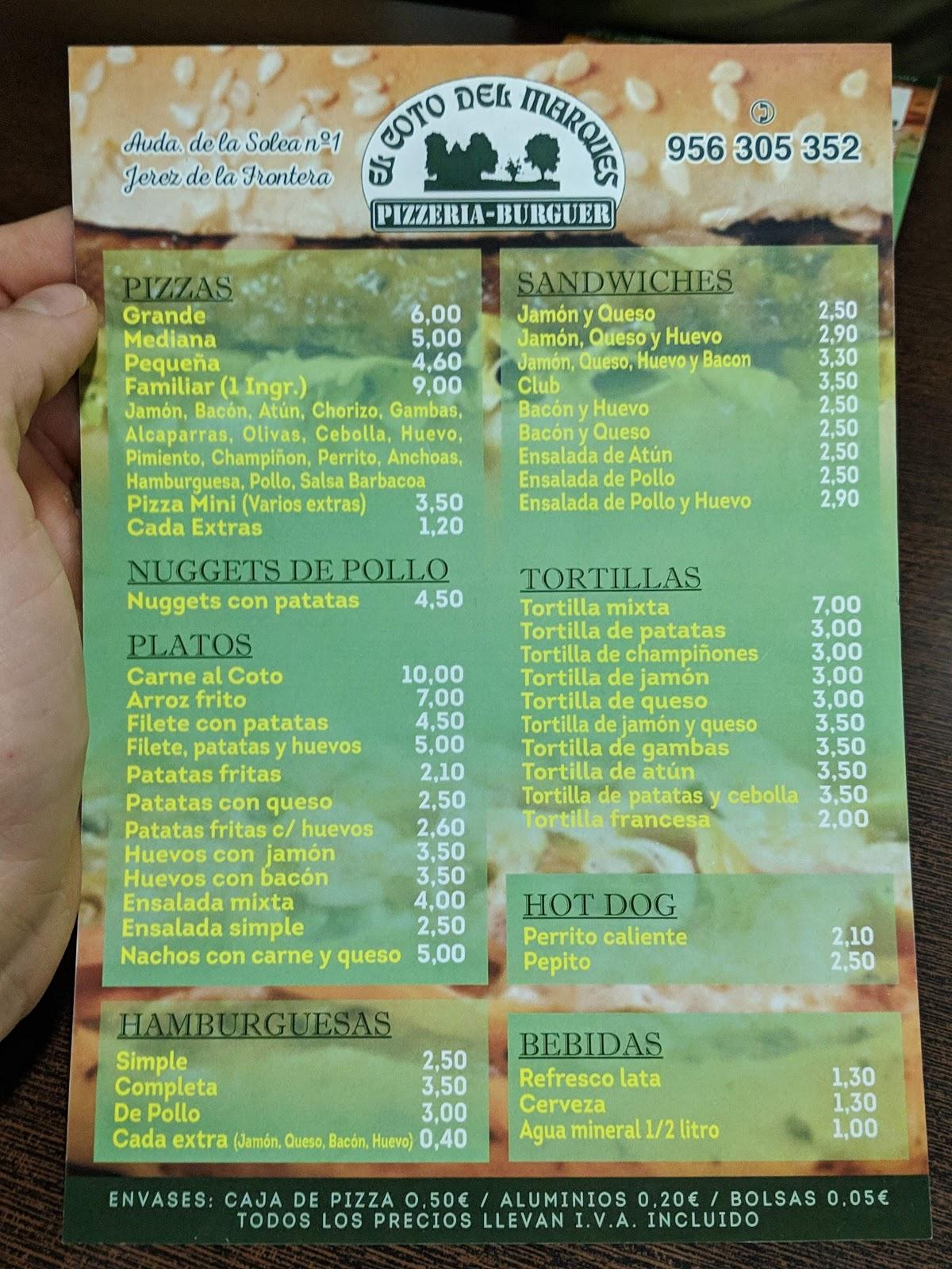 Carta del restaurante El Coto del Marqués, Jerez del la Frontera
