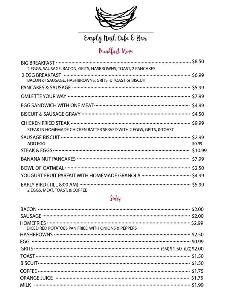 Menu at Empty Nest Cafe And Bar, Metairie