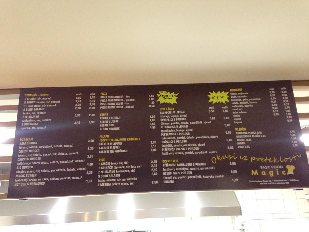 Menu at Fast food 'Magic', Koper