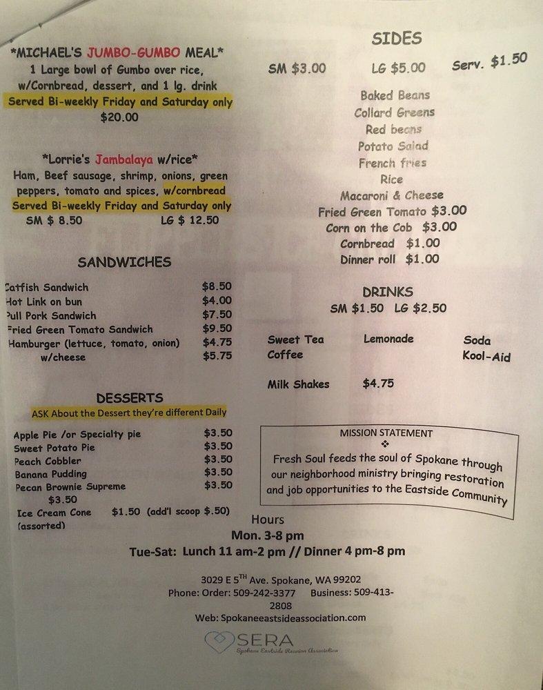 Menu at Fresh Soul Restaurant, Spokane