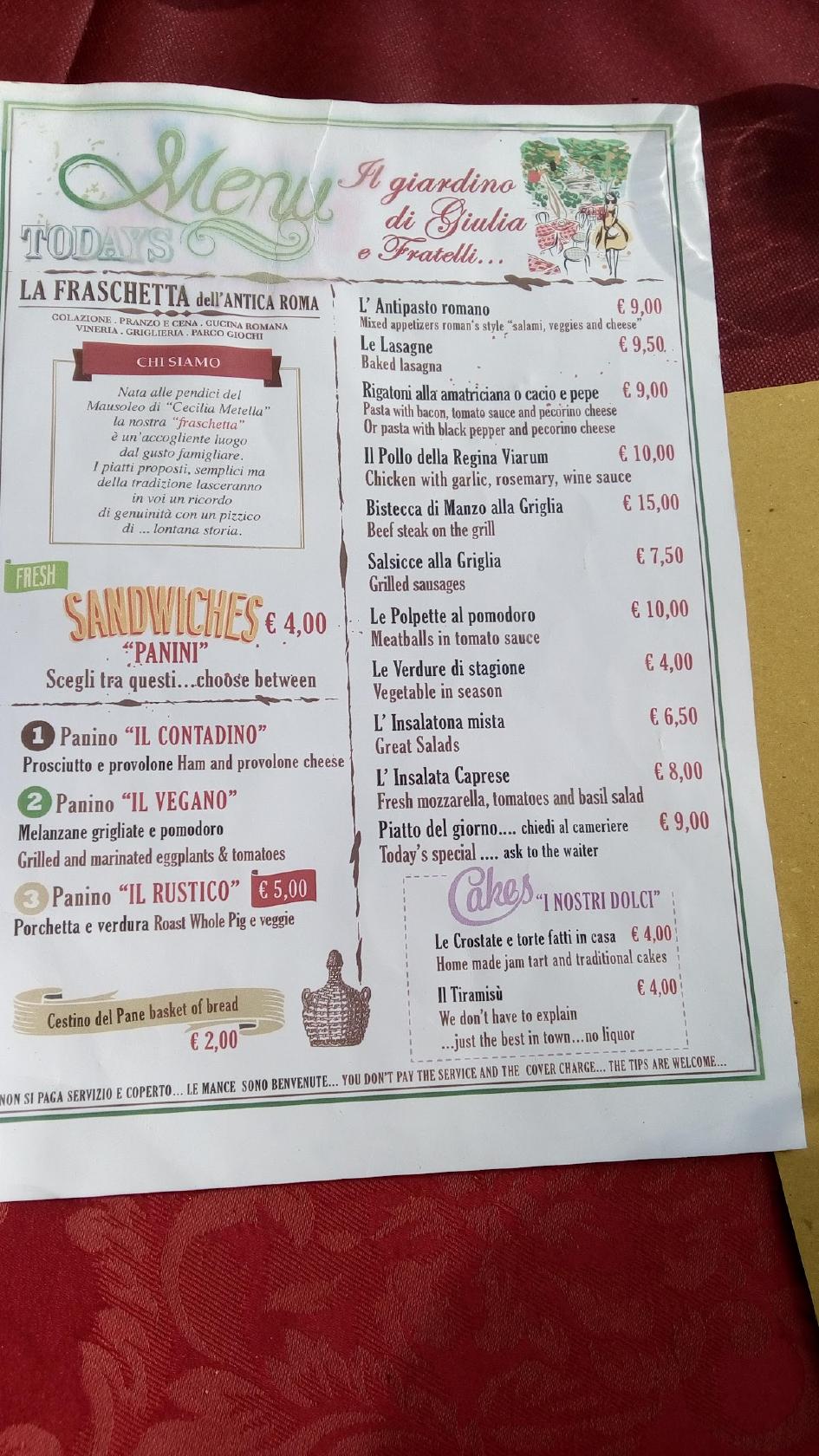 Menu at Giardino di Giulia e fratelli restaurant, Rome