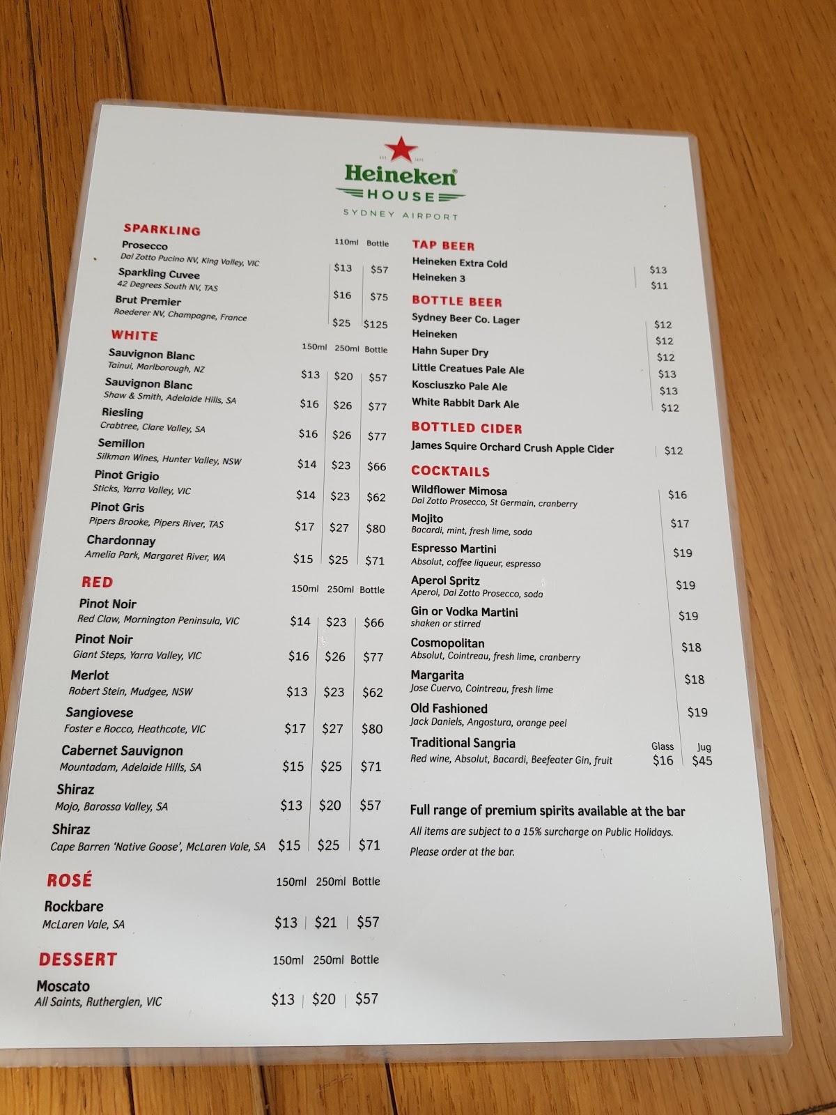 Menu at Heineken Bar, Mascot, Departure Plaza