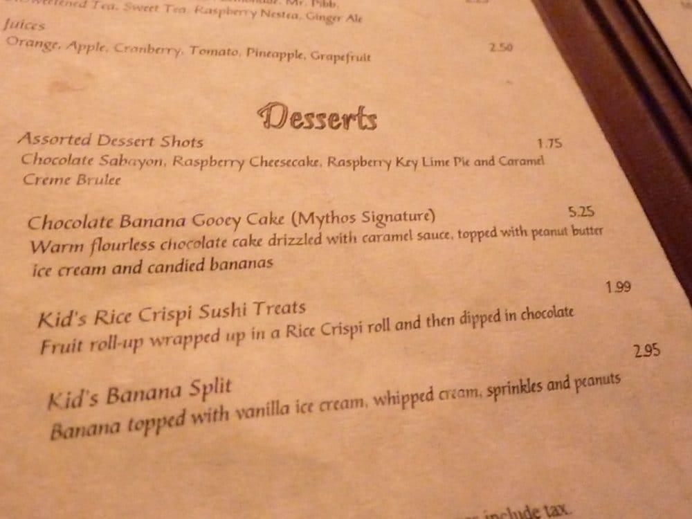 Menu at Mythos Restaurant, Orlando