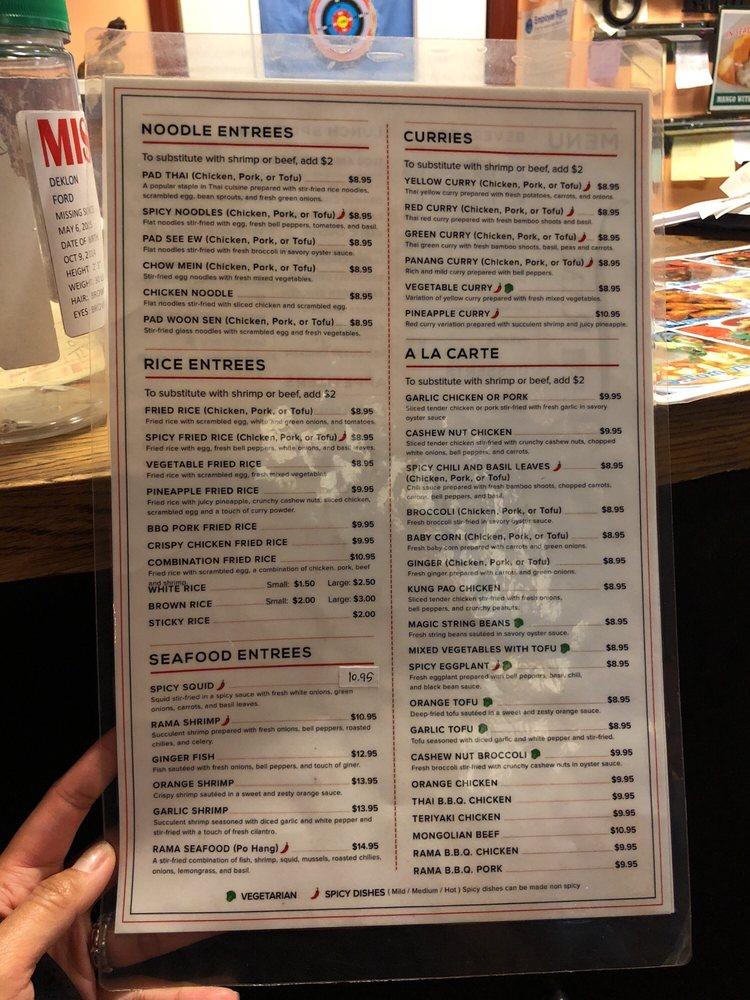 Menu at Thai Rama restaurant, Glendale, N Pacific Ave