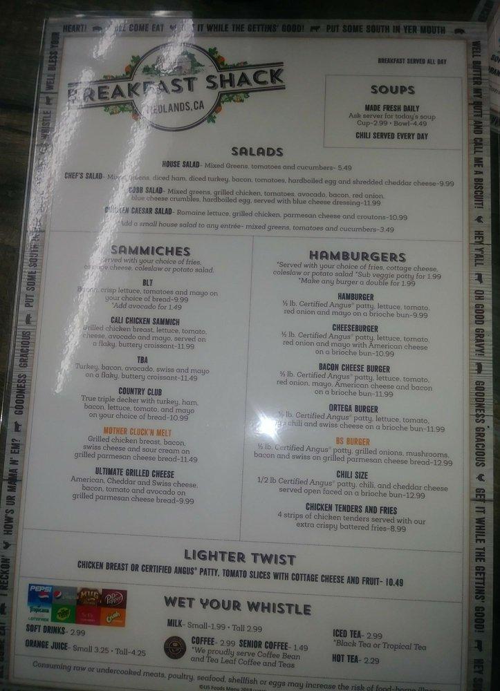 Menu at Breakfast Shack restaurant, Redlands