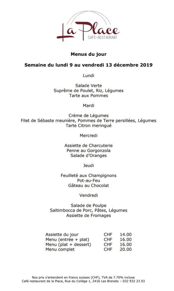 Carta de Café Restaurant de la Place, Les Brenets