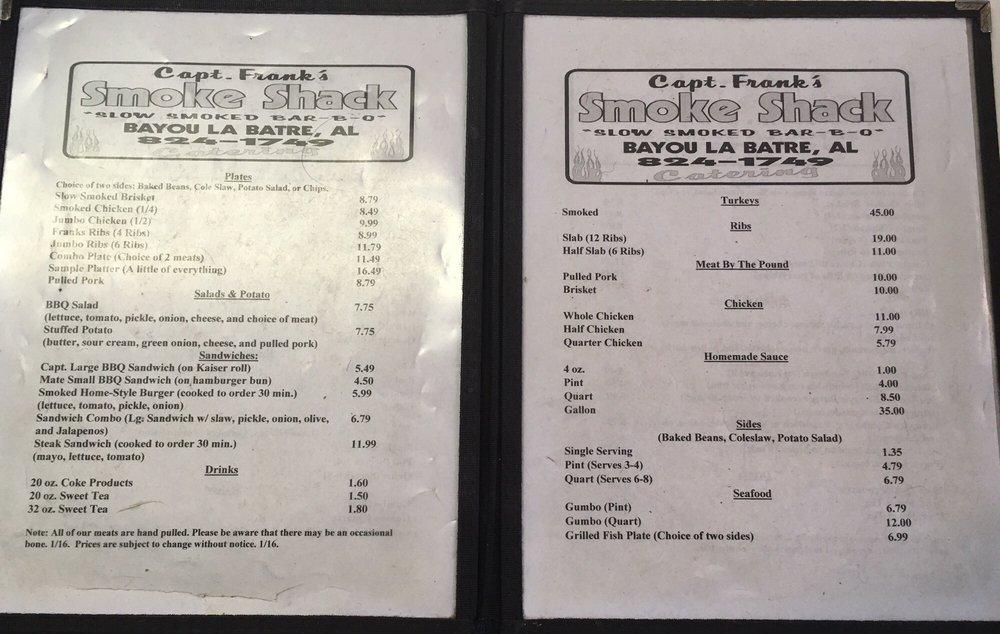 Menu at Captain Frank's Smoke Shack BBQ, Bayou La Batre