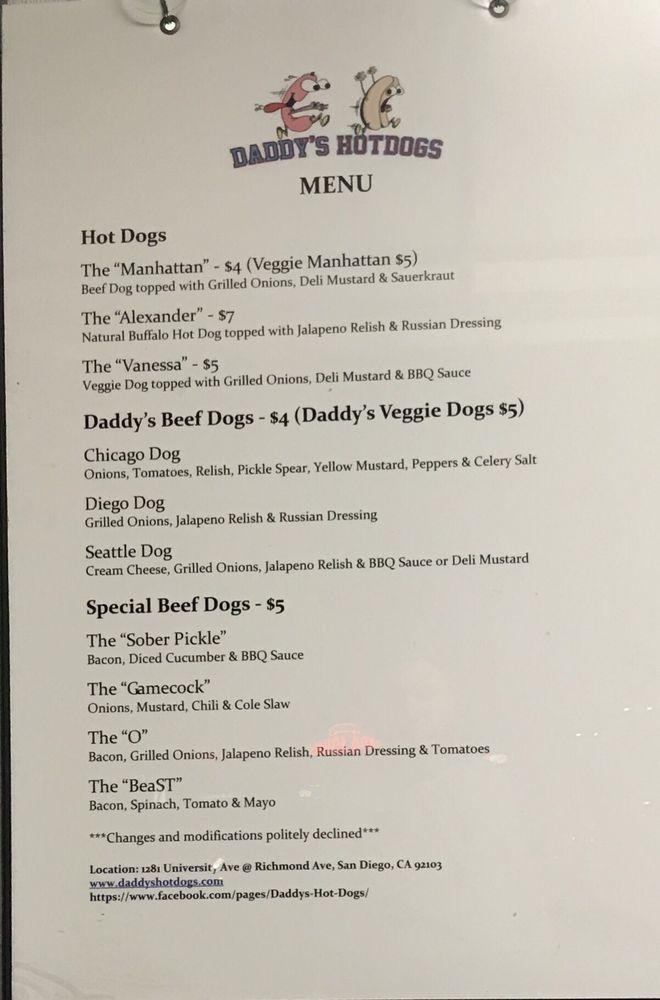 Menu at Daddy's Hot Dogs restaurant, San Diego