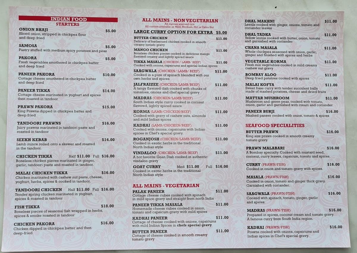 Menu at Empress of india restaurant, Auckland, 5/155 Lincoln Rd