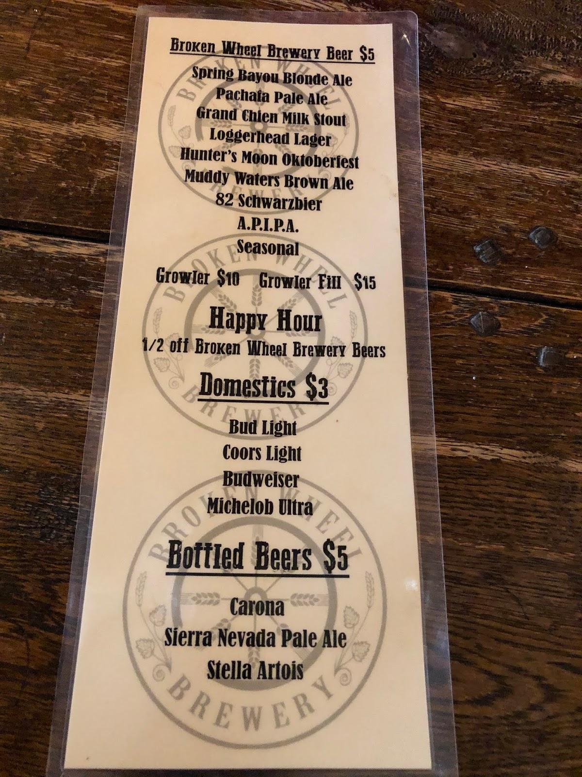 Menu at Broken Wheel Brewery & Bistro restaurant, Marksville