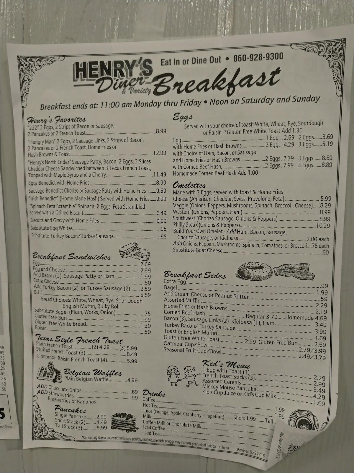 Menu at Henry's Diner restaurant, Putnam