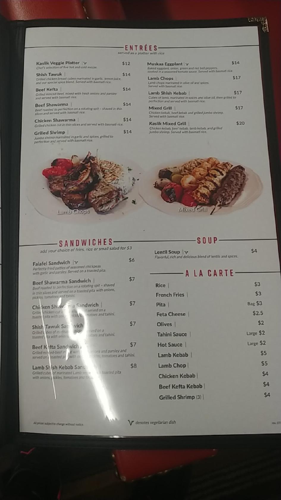 Menu at Kaslik Mediterranean Cuisine restaurant, Hazelwood