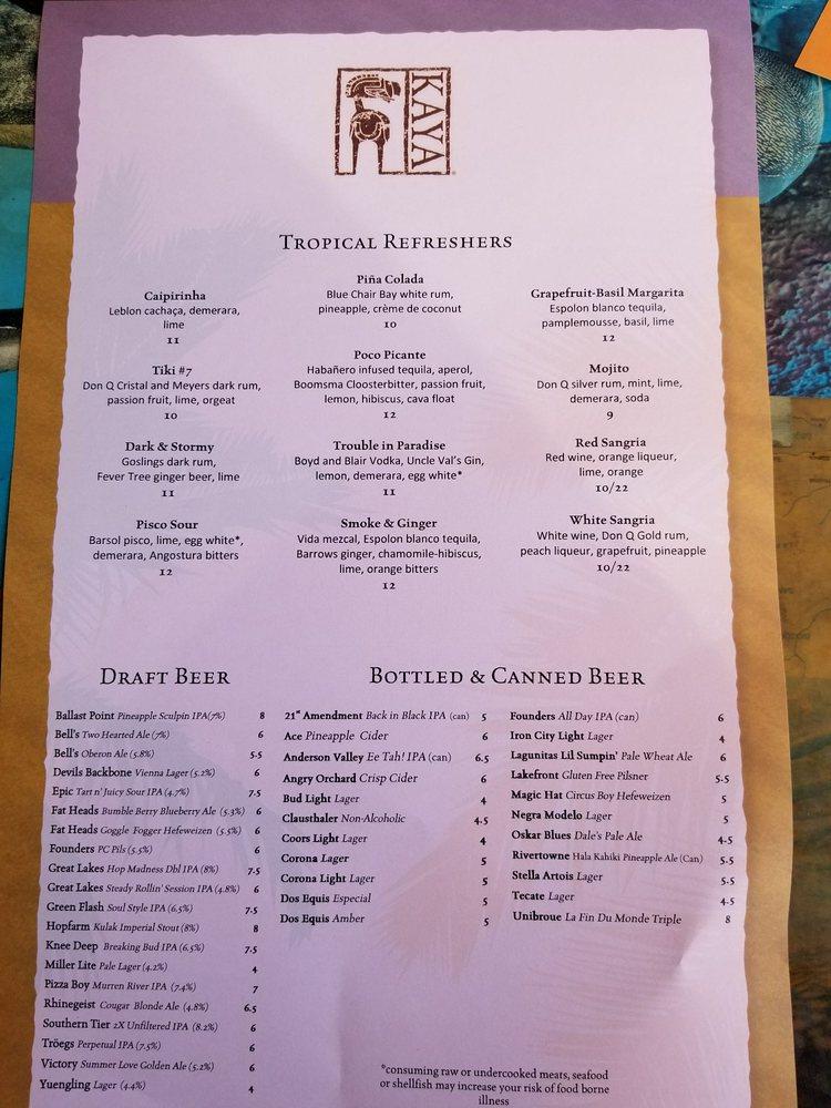 Menu at Kaya pub & bar, Pittsburgh