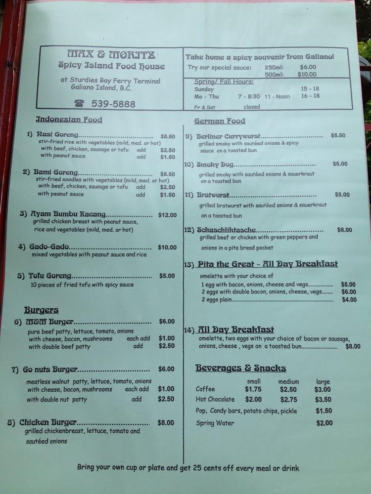 Menu at Max & Moritz restaurant, Galiano Island