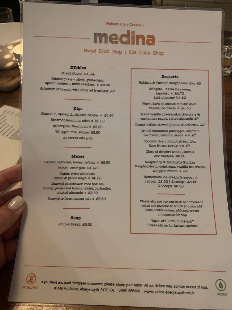 Menu at Medina restaurant, Aberystwyth