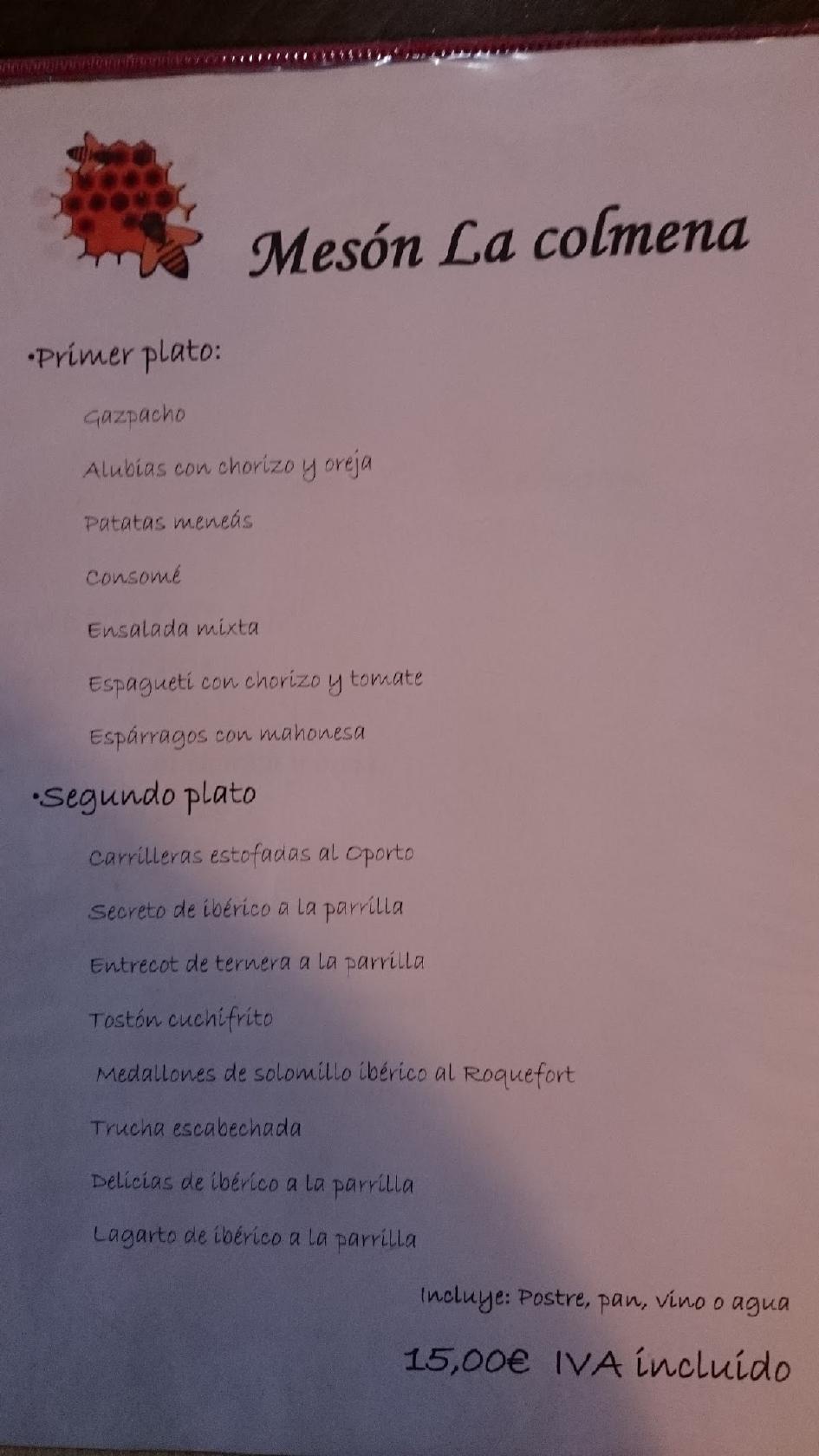 Menu at Mesón la Colmena restaurant, La Alberca