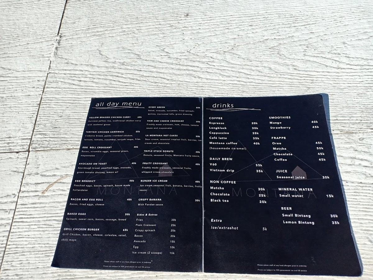 Menu at Montana Del Cafe, Kintamani