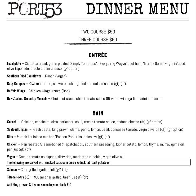 Menu at Radcliffe's restaurant, Echuca