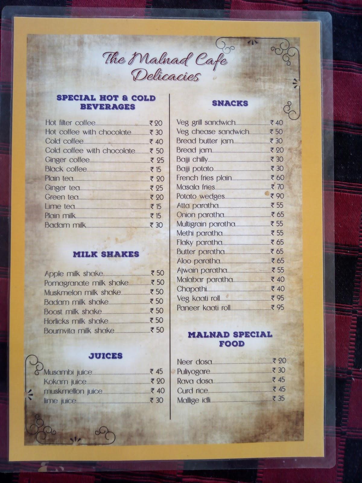 Menu at The Malnad Cafe and Eco Stay, Banakal