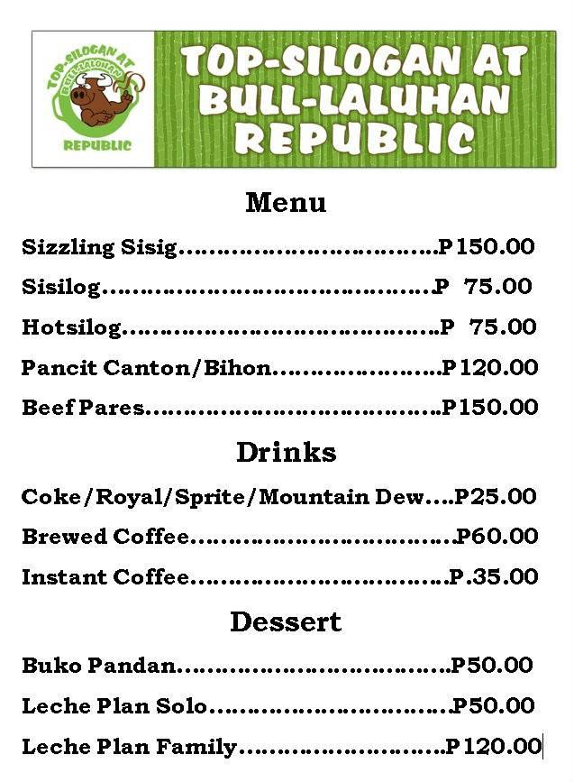 Menu at Top-Silogan At Bull-Lalohan Republic, Pasig