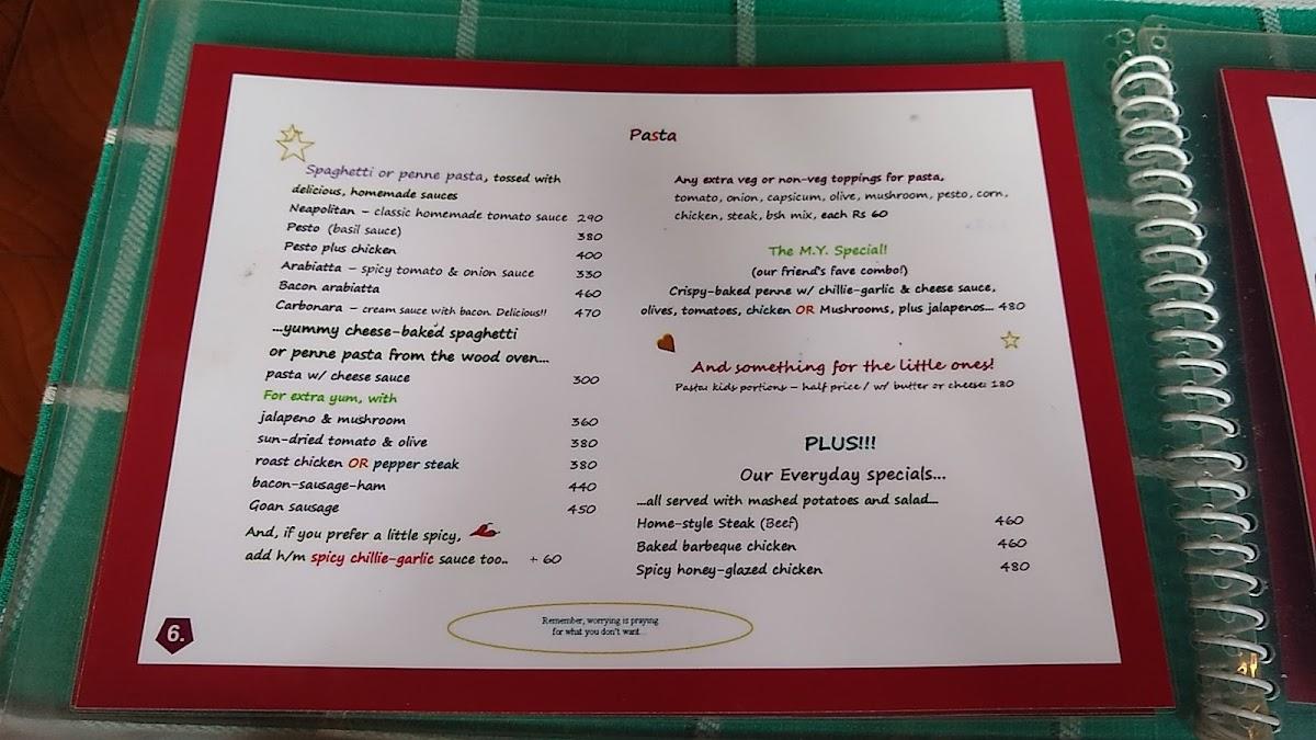 Menu at Cloud Cafe, Kodaikanal