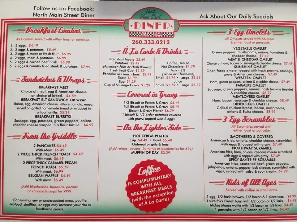 Menu at North Main Street Diner restaurant, Auburn