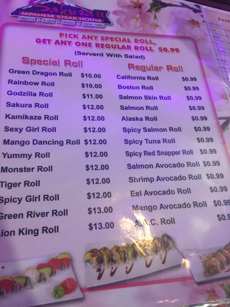 Menu at Sakura #9 restaurant, Roanoke