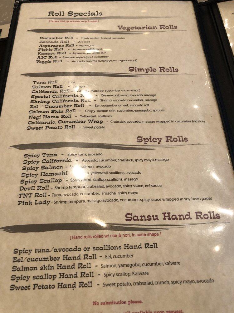 Menu at Sansu Sushi and Cocktails restaurant, East Lansing