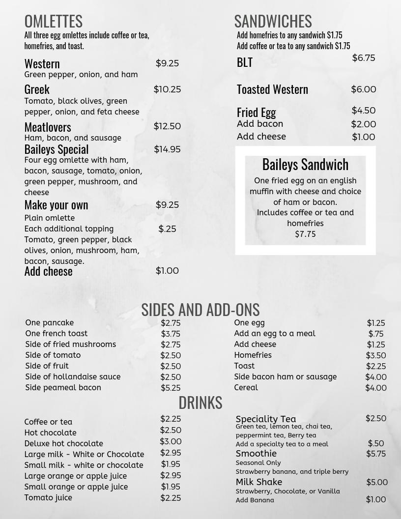 Carta del restaurante Baileys Casual Dining, Prince Edward, 314 County ...