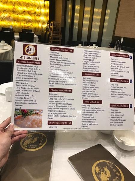 Menu at Captain's Catch restaurant, Toronto