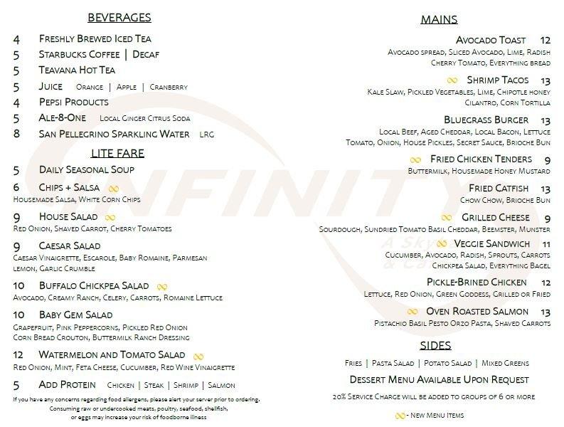 Menu at Infinity: Rooftop Restaurant + Bar, Lexington