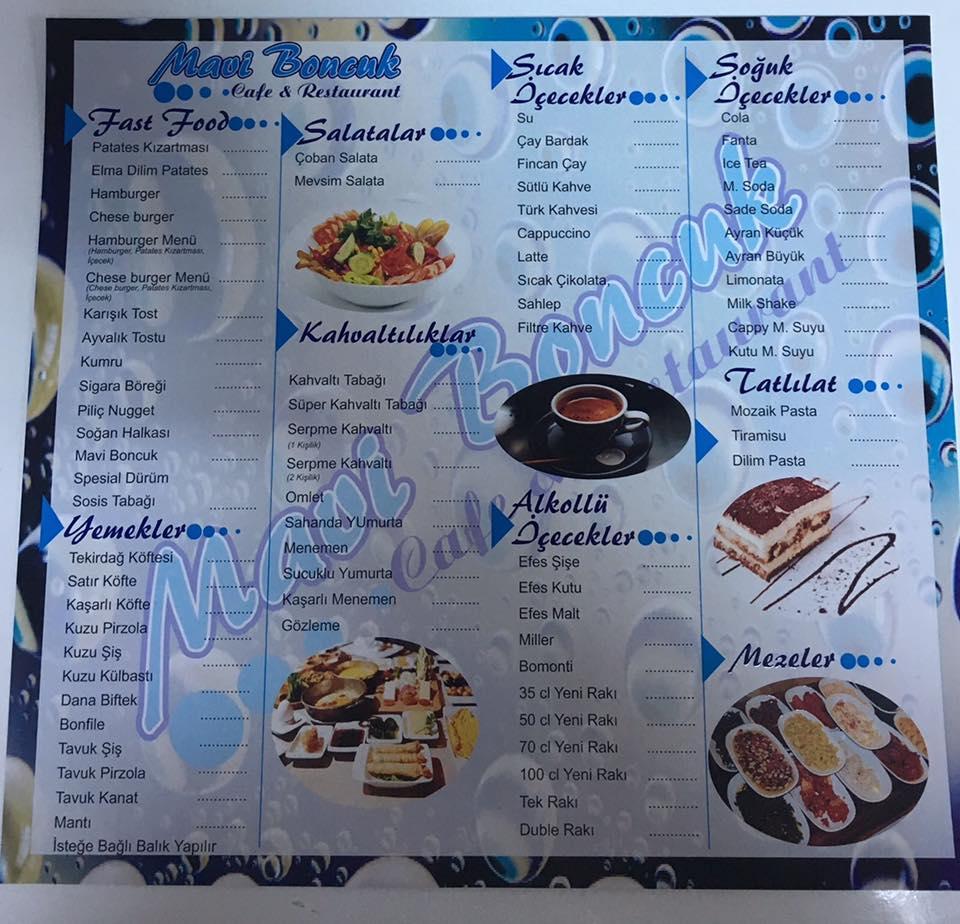 Menu at Mavi Boncuk Cafe Restaurant, Marmara Ereğlisi