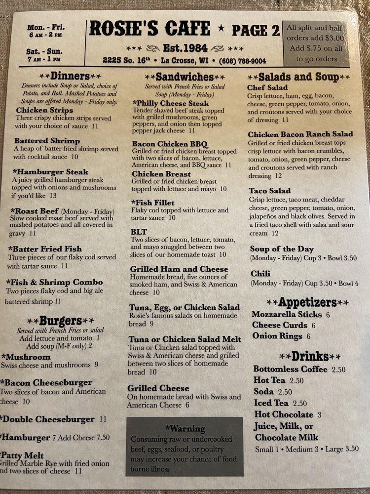 Menu at Rosie's Cafe, La Crosse