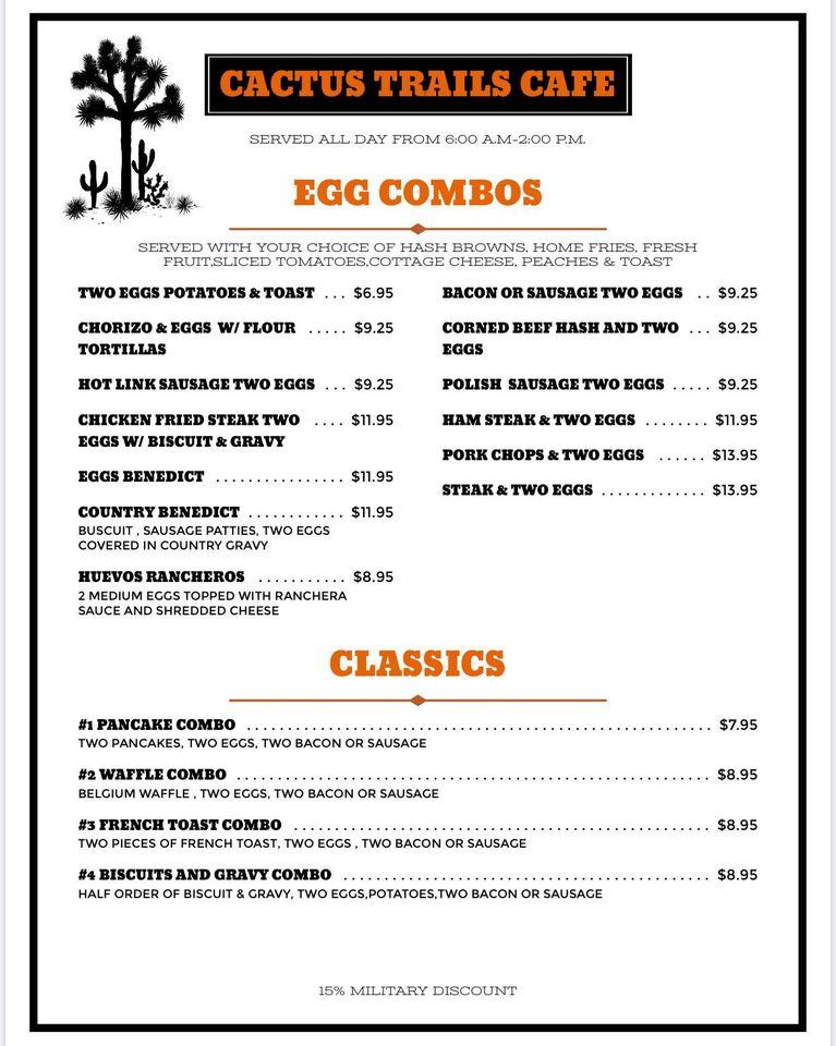 Menu at Cactus Trails Cafe, Twentynine Palms