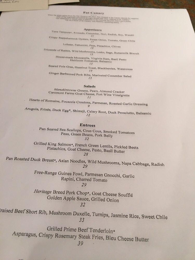Menu at Fat Canary pub & bar, Williamsburg