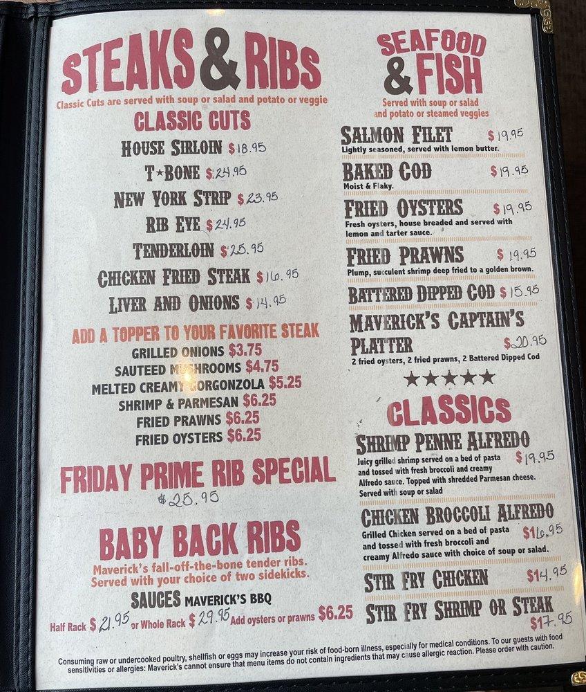 Menu at Maverick's Restaurant, Colville
