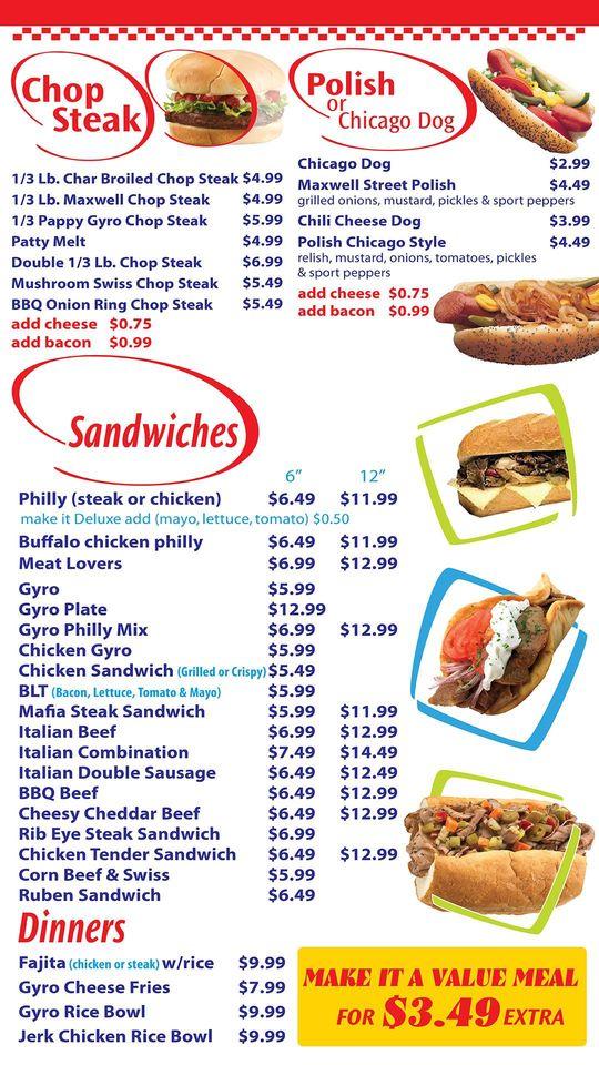 Menu at Pappy's restaurant, Brooklyn Center