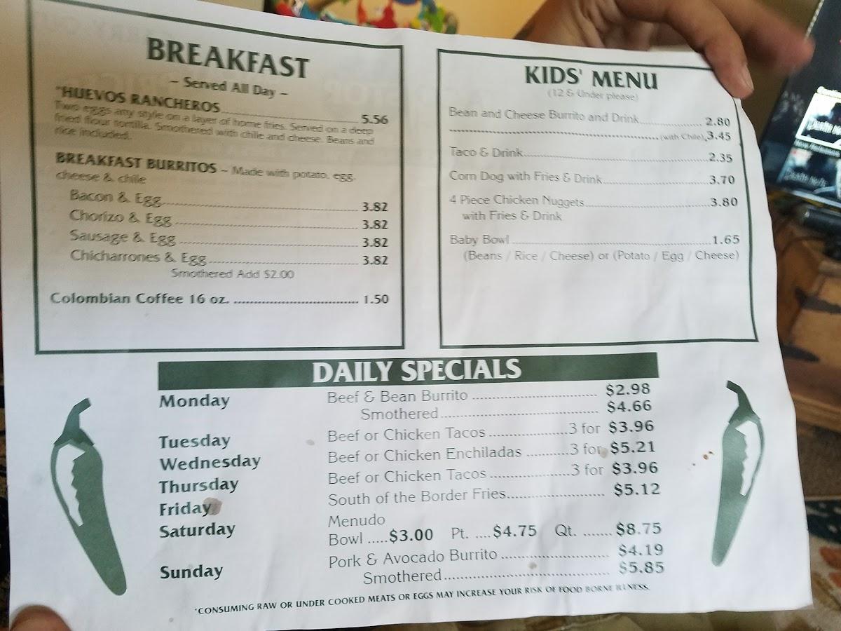 Carta del restaurante Taco Stop, Pueblo, Baltimore Ave