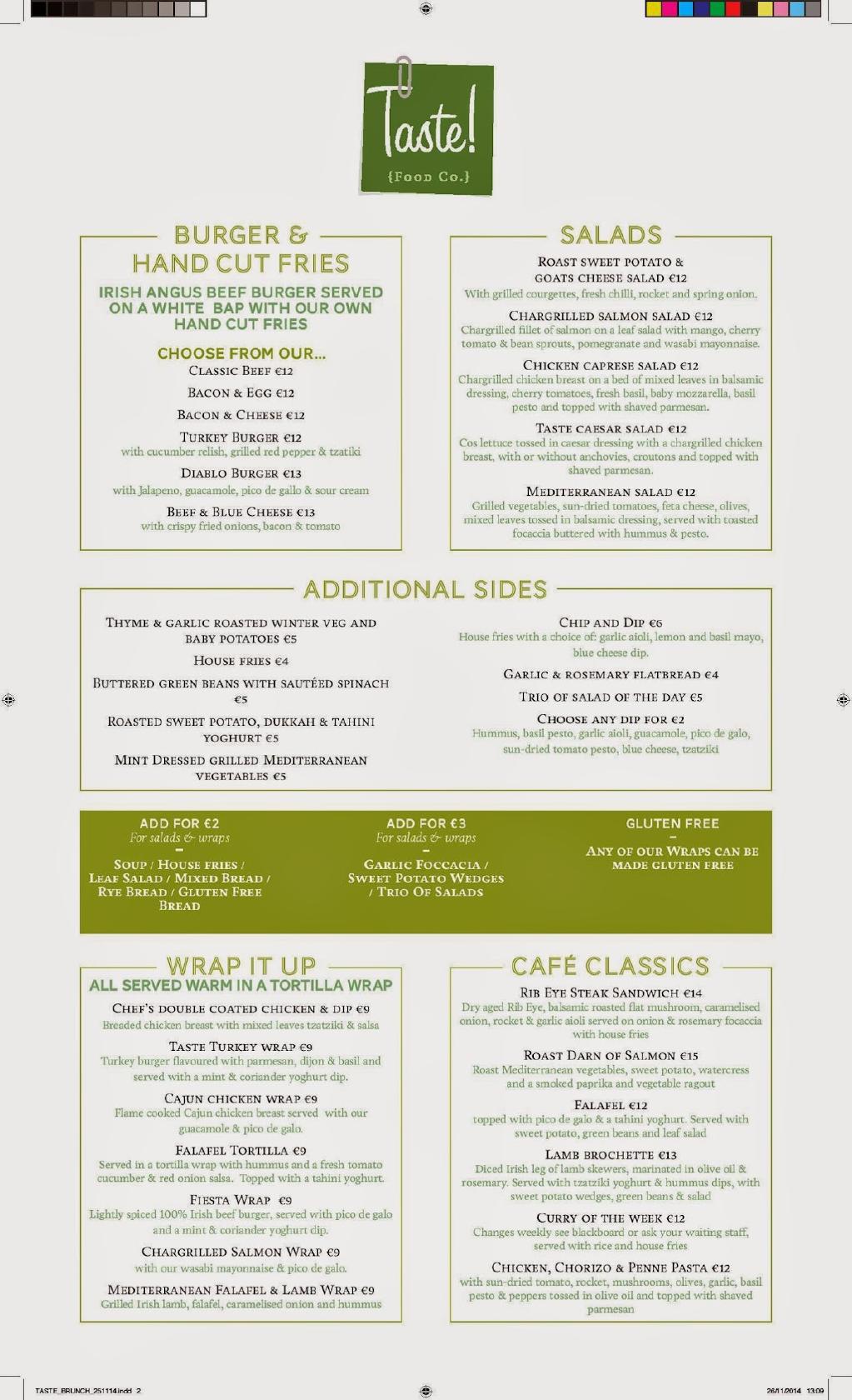 Menu at Taste Food Company steakhouse, Dublin