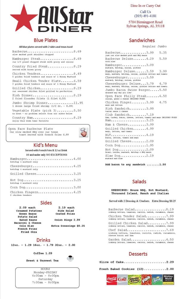 Menu at Allstar Diner restaurant, Sylvan Springs