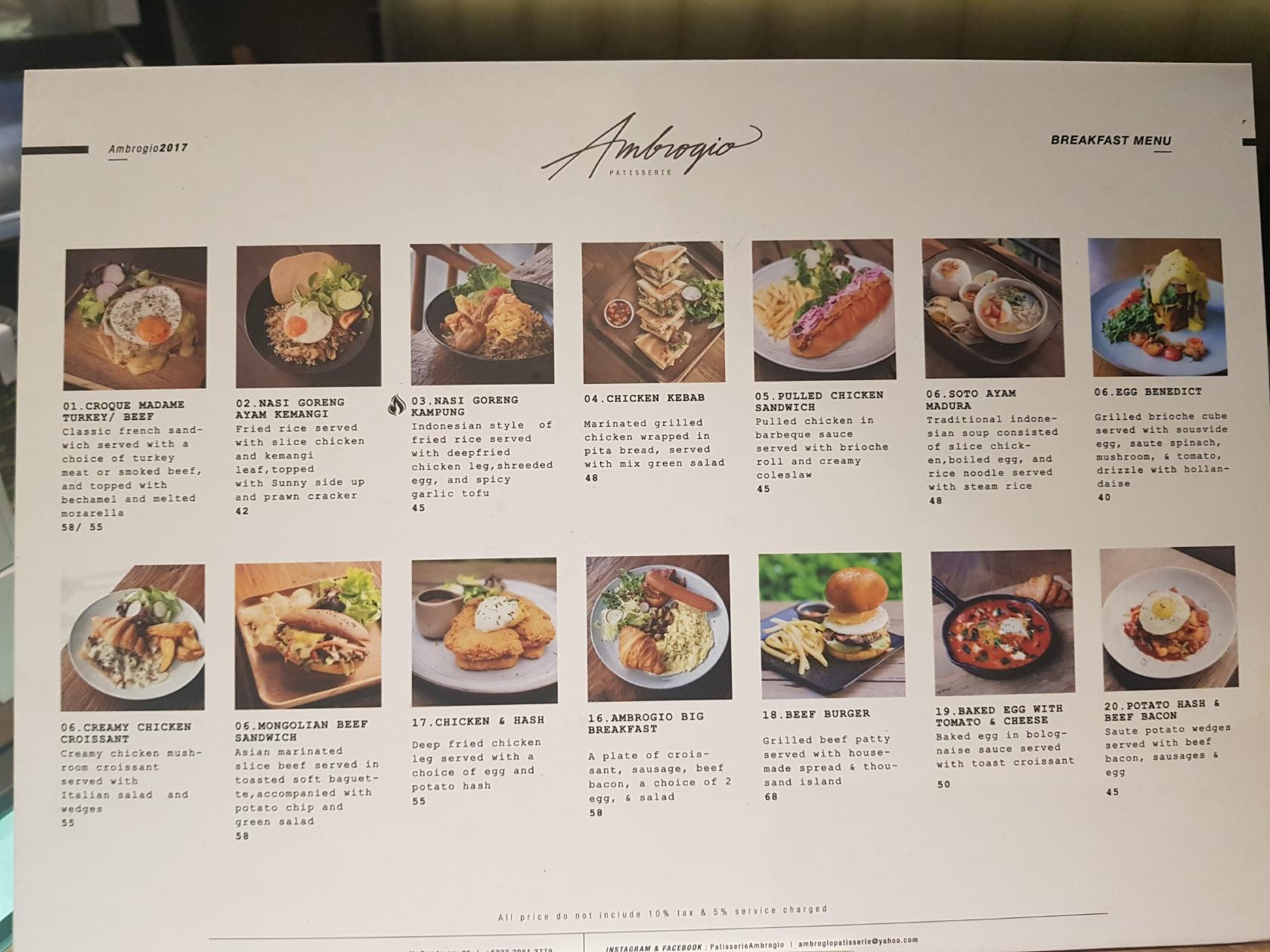 Menu at Ambrogio Patisserie cafe, Bandung