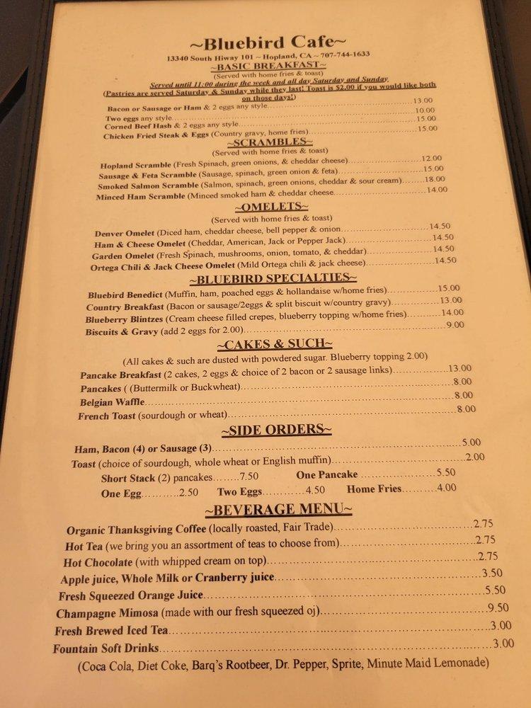 Menu at Bluebird Cafe, Hopland, US-101