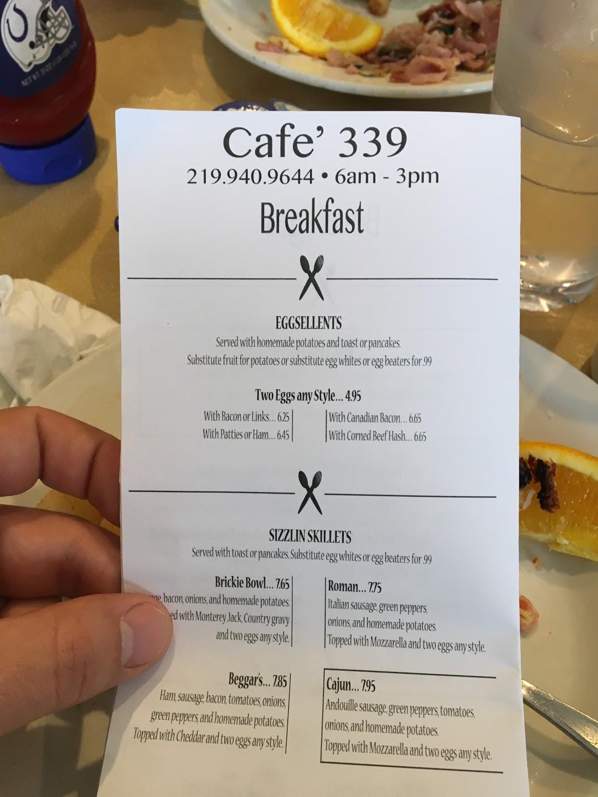 Menu at Cafe 339, Hobart