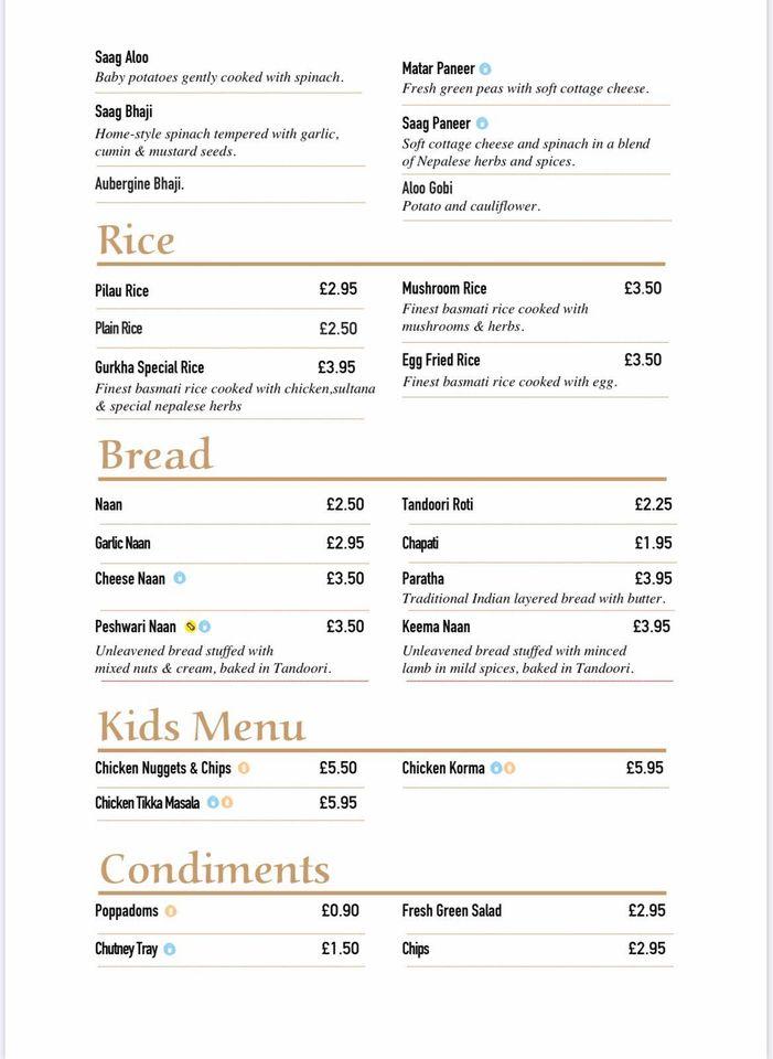 Menu at Gurkha Oven restaurant, Spalding