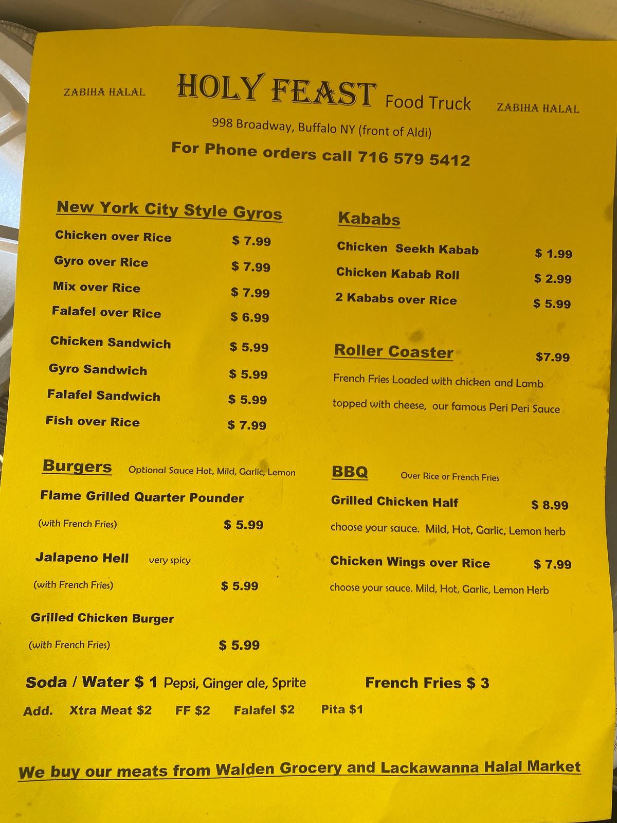 Menu at Holy Feast (Halal) restaurant, Buffalo, Main St