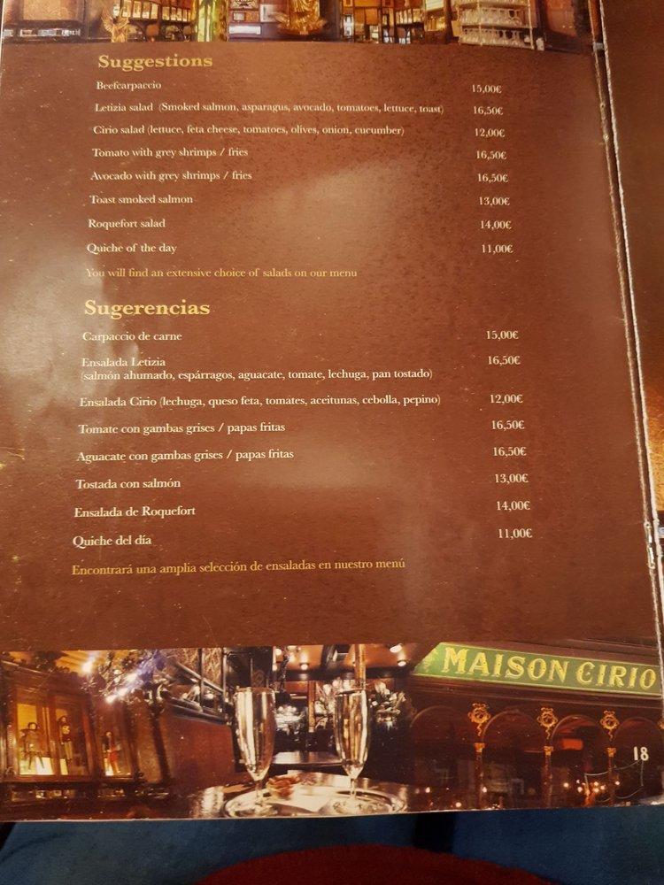 Menu at Le Cirio, Brussels