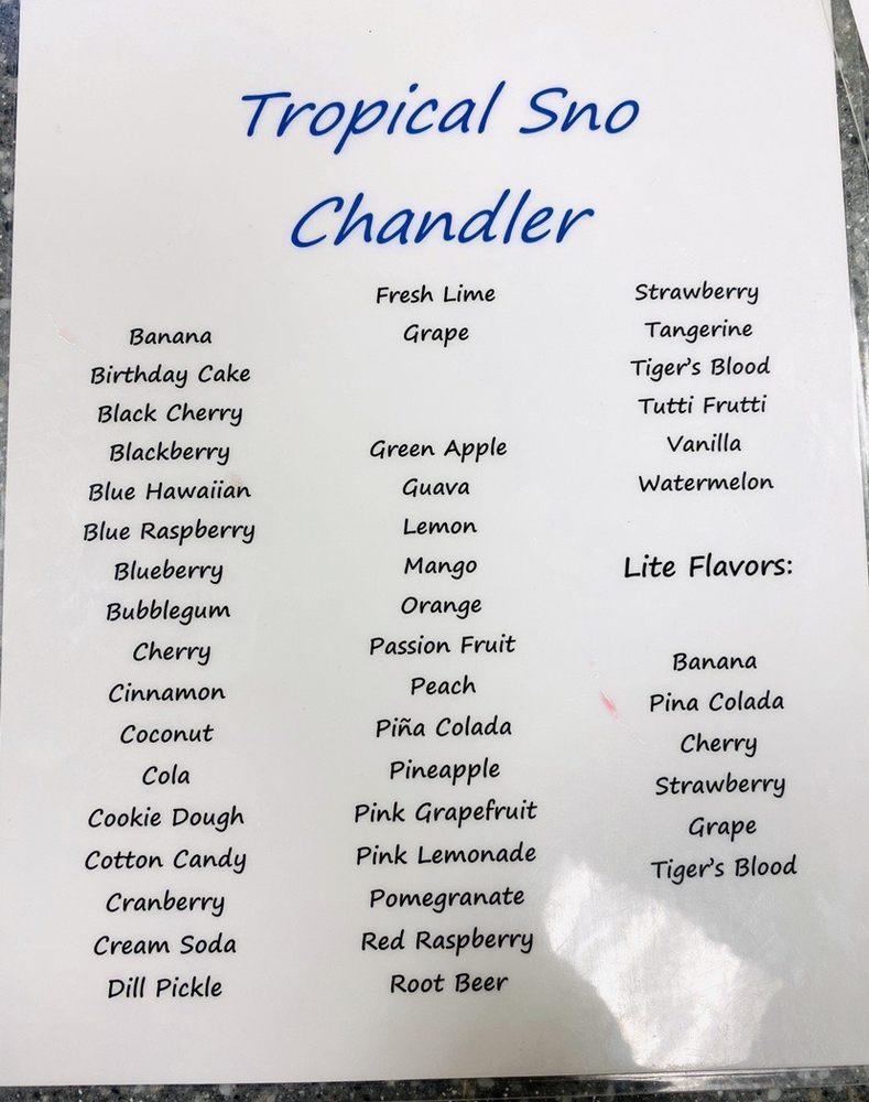 Menu at Tropical Sno Chandler desserts, Chandler