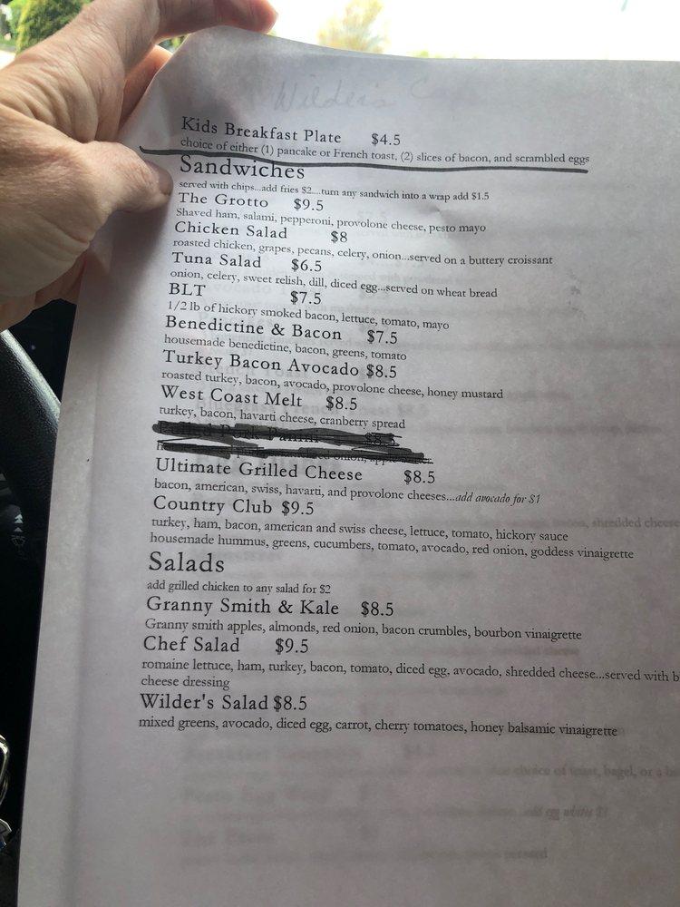 Menu at Wilder’s Cafe, Crestwood