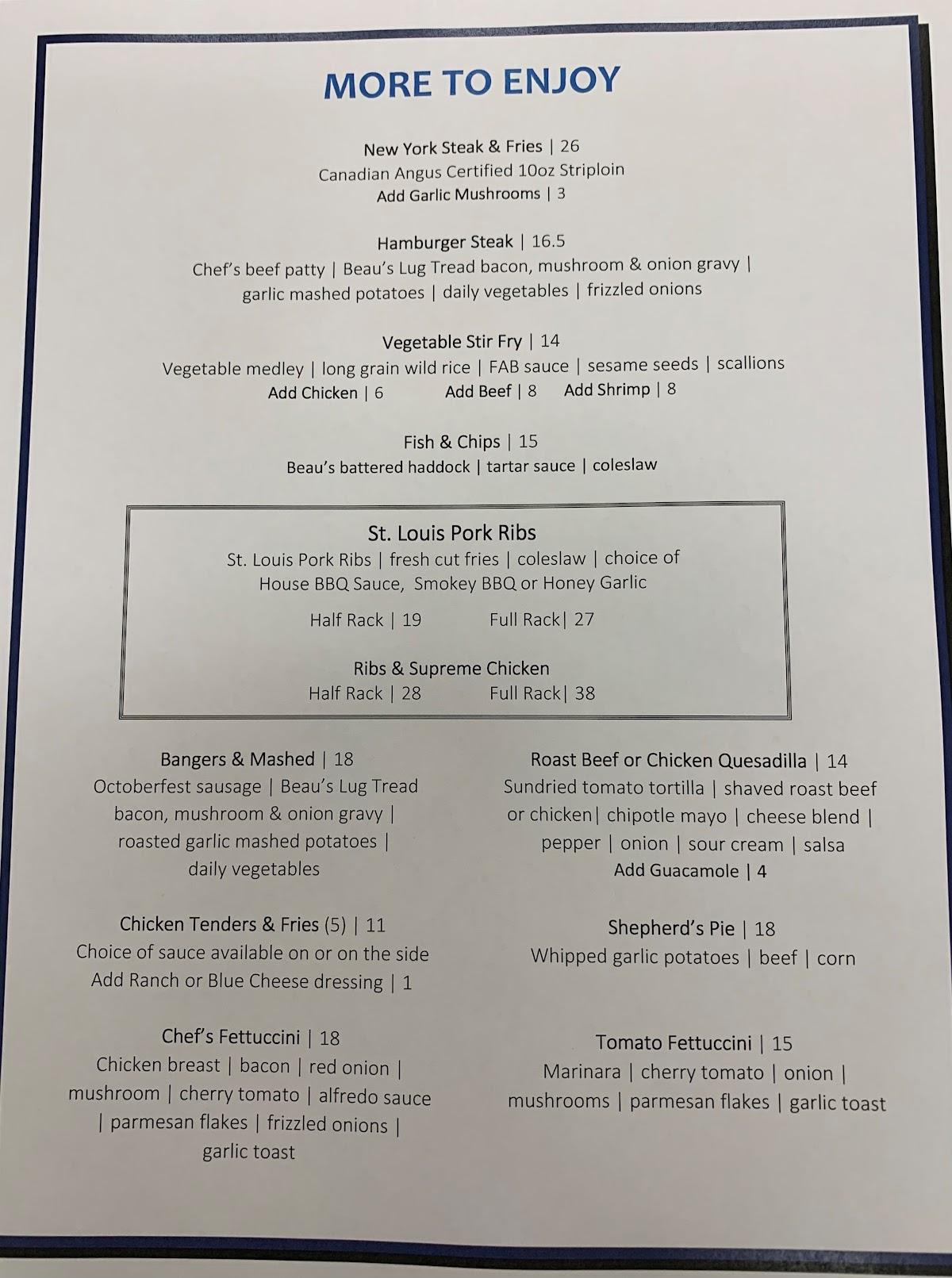 Menu at Winners Sports Bar, Cornwall